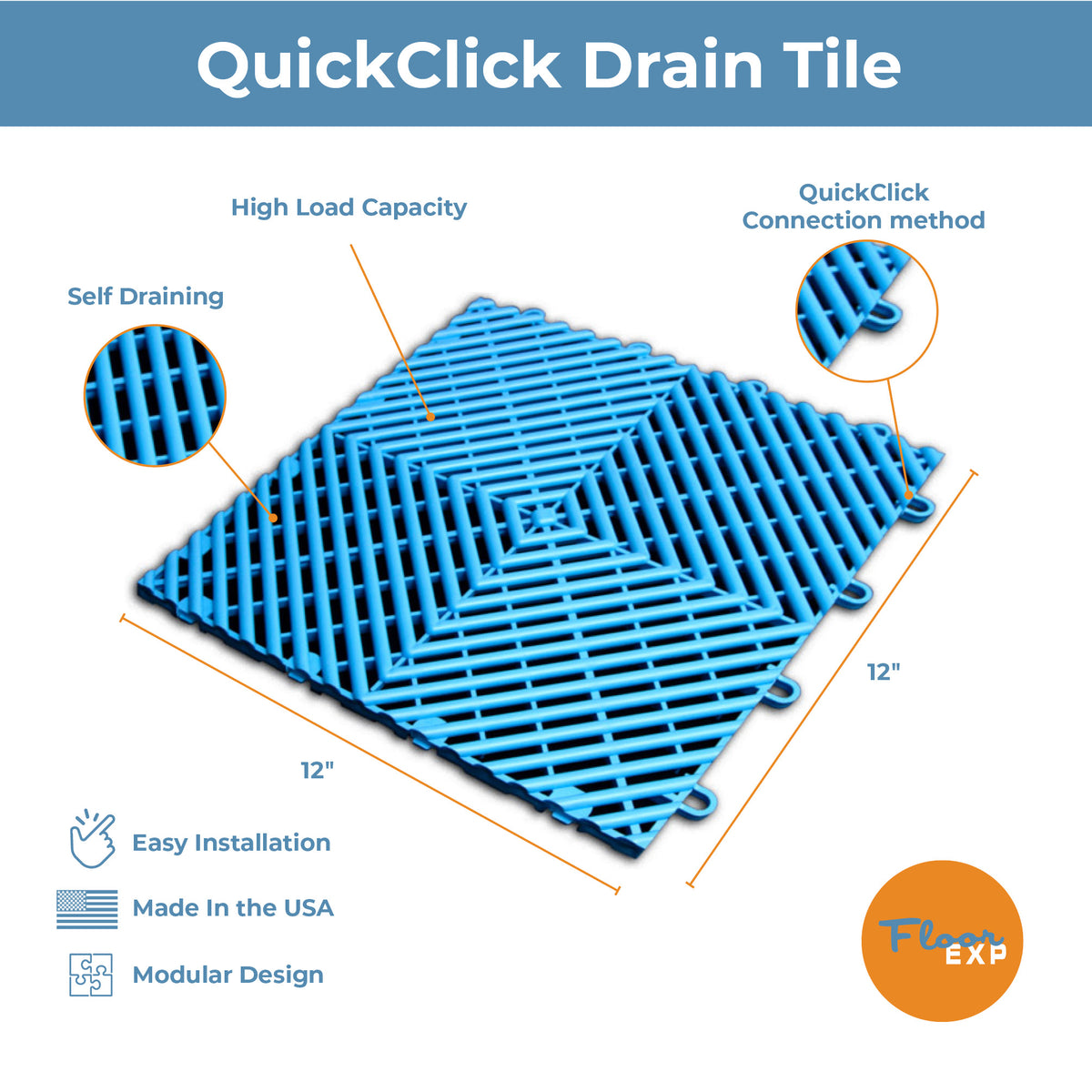 QuickClick Drain Tile | 12" x 12" | Cool Blue — FloorEXP