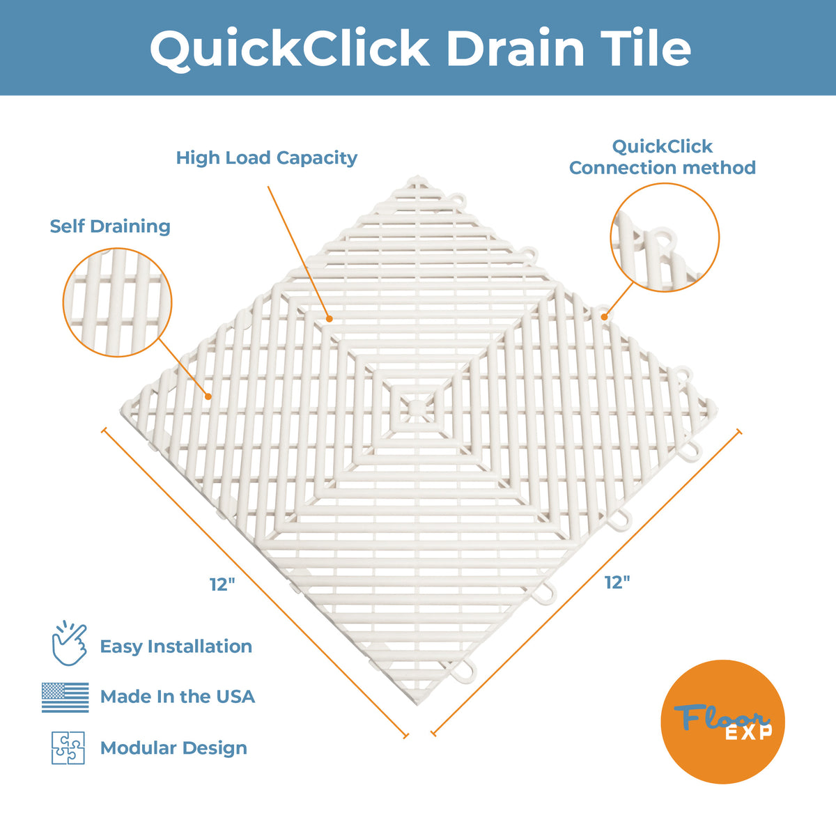 QuickClick Drain Tile | 12" x 12" | White — FloorEXP